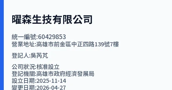 曜森生技有限公司的照片-統編 60429853(高雄市) 公司登記資料與營業項目詳細圖表