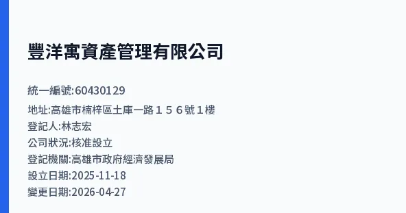 豐洋寓資產管理有限公司的照片-統編 60430129(高雄市) 公司登記資料與營業項目詳細圖表