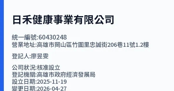 日禾健康事業有限公司的照片-統編 60430248(高雄市) 公司登記資料與營業項目詳細圖表