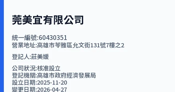 莞美宜有限公司的照片-統編 60430351(高雄市) 公司登記資料與營業項目詳細圖表