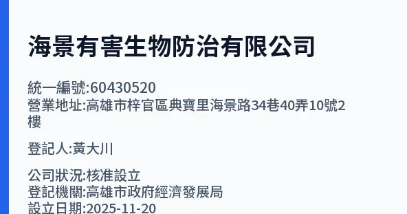 海景有害生物防治有限公司的照片-統編 60430520(高雄市) 公司登記資料與營業項目詳細圖表