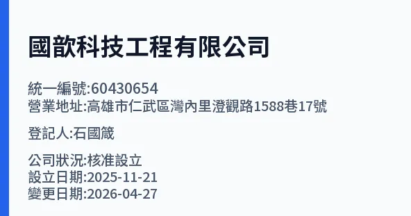 國歆科技工程有限公司的照片-統編 60430654(高雄市) 公司登記資料與營業項目詳細圖表
