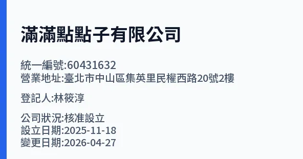 滿滿點點子有限公司的照片-統編 60431632(臺北市) 公司登記資料與營業項目詳細圖表