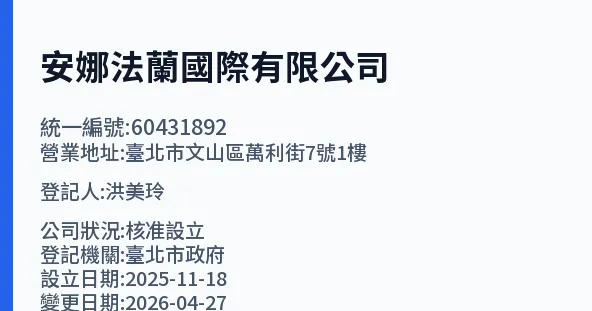 安娜法蘭國際有限公司的照片-統編 60431892(臺北市) 公司登記資料與營業項目詳細圖表