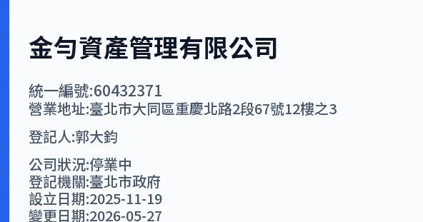 金勻資產管理有限公司的照片-統編 60432371(臺北市) 公司登記資料與營業項目詳細圖表