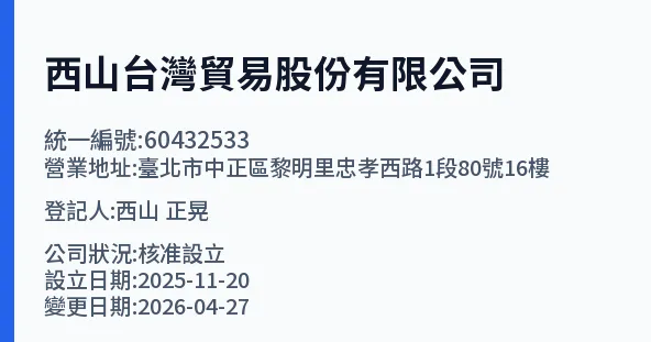 西山台灣貿易股份有限公司的照片-統編 60432533(臺北市) 公司登記資料與營業項目詳細圖表
