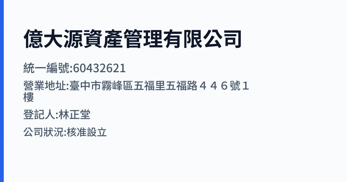 億大源資產管理有限公司 - 統編 60432621(臺中市) 公司登記資料與營業項目詳細圖表