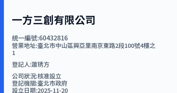 一方三創有限公司的照片-統編 60432816(臺北市) 公司登記資料與營業項目詳細圖表