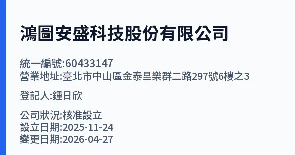 鴻圖安盛科技股份有限公司的照片-統編 60433147(臺北市) 公司登記資料與營業項目詳細圖表