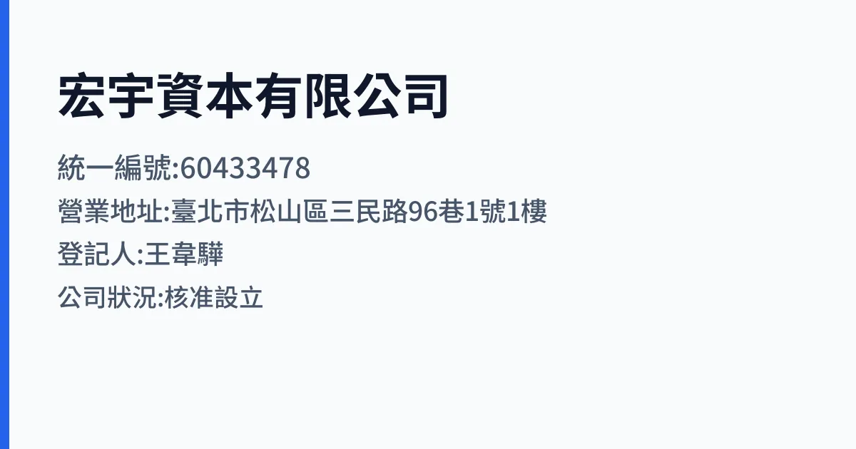 宏宇資本有限公司 - 統編 60433478（臺北市） 公司登記資料與營業項目詳細圖表