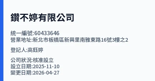 鑽不婷有限公司的照片-統編 60433646(新北市) 公司登記資料與營業項目詳細圖表