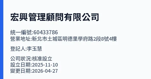 宏興管理顧問有限公司的照片-統編 60433786(新北市) 公司登記資料與營業項目詳細圖表