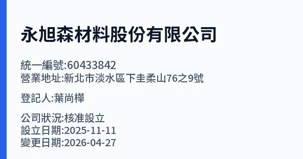 永旭森材料股份有限公司的照片-統編 60433842(新北市) 公司登記資料與營業項目詳細圖表