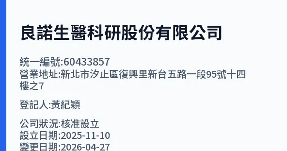 良諾生醫科研股份有限公司的照片-統編 60433857(新北市) 公司登記資料與營業項目詳細圖表