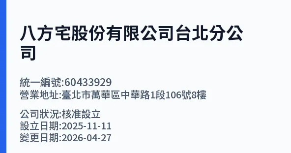 八方宅股份有限公司台北分公司的照片-統編 60433929(臺北市) 公司登記資料與營業項目詳細圖表