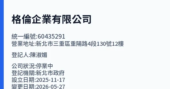 格倫企業有限公司的照片-統編 60435291(新北市) 公司登記資料與營業項目詳細圖表