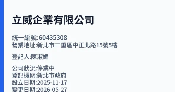 立威企業有限公司的照片-統編 60435308(新北市) 公司登記資料與營業項目詳細圖表