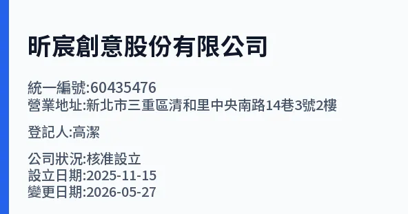昕宸創意股份有限公司的照片-統編 60435476(新北市) 公司登記資料與營業項目詳細圖表