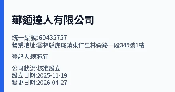 薌麵達人有限公司的照片-統編 60435757(雲林縣) 公司登記資料與營業項目詳細圖表