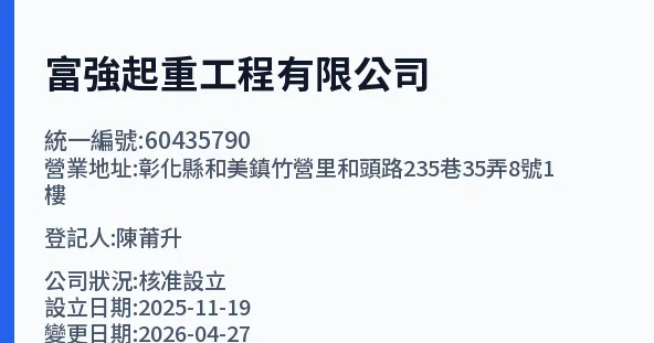 富強起重工程有限公司的照片-統編 60435790(彰化縣) 公司登記資料與營業項目詳細圖表