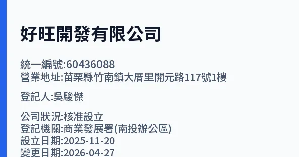 好旺開發有限公司的照片-統編 60436088(苗栗縣) 公司登記資料與營業項目詳細圖表