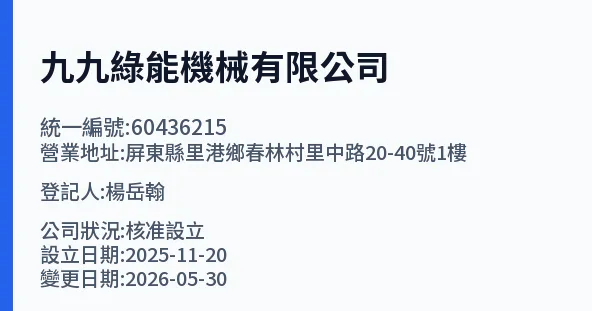九九綠能機械有限公司的照片-統編 60436215(屏東縣) 公司登記資料與營業項目詳細圖表