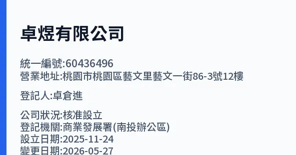 卓煜有限公司的照片-統編 60436496(桃園市) 公司登記資料與營業項目詳細圖表