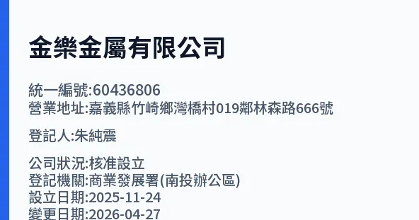 金樂金屬有限公司的照片-統編 60436806(嘉義縣) 公司登記資料與營業項目詳細圖表