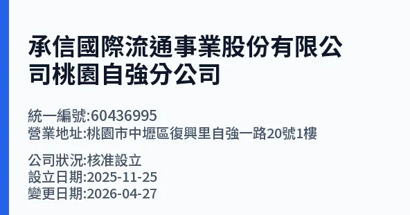 承信國際流通事業股份有限公司桃園自強分公司的照片-統編 60436995(桃園市) 公司登記資料與營業項目詳細圖表