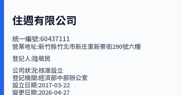 住週有限公司的照片-統編 60437111(新竹縣) 公司登記資料與營業項目詳細圖表