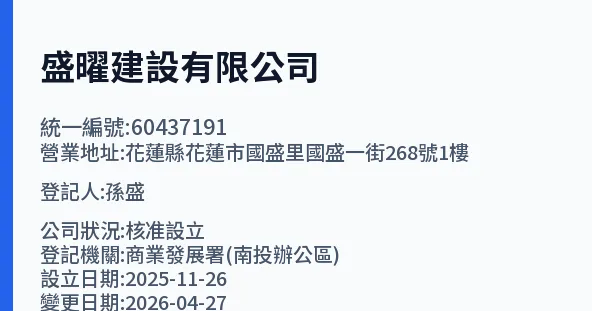 盛曜建設有限公司的照片-統編 60437191(花蓮縣) 公司登記資料與營業項目詳細圖表