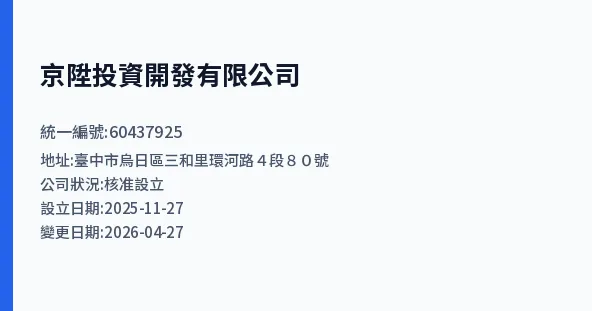 京陞投資開發有限公司的照片-統編 60437925(臺中市) 公司登記資料與營業項目詳細圖表
