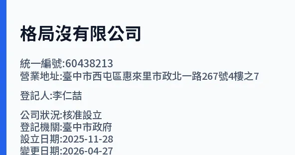 格局沒有限公司的照片-統編 60438213(臺中市) 公司登記資料與營業項目詳細圖表