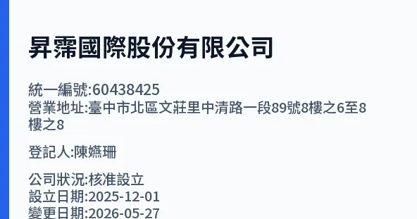 昇霈國際股份有限公司的照片-統編 60438425(臺中市) 公司登記資料與營業項目詳細圖表