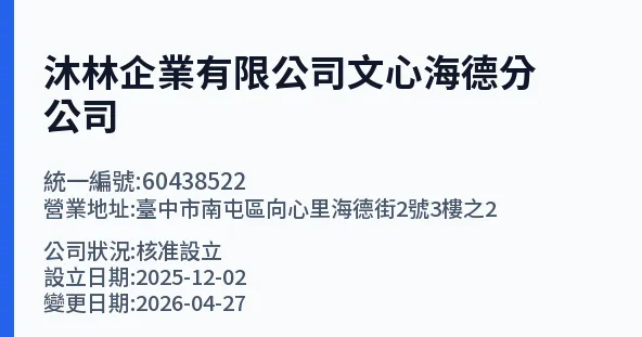 沐林企業有限公司文心海德分公司的照片-統編 60438522(臺中市) 公司登記資料與營業項目詳細圖表