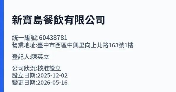 新寶島餐飲有限公司的照片-統編 60438781(臺中市) 公司登記資料與營業項目詳細圖表