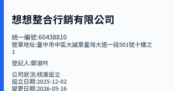 想想整合行銷有限公司的照片-統編 60438810(臺中市) 公司登記資料與營業項目詳細圖表