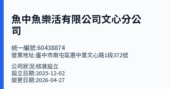 魚中魚樂活有限公司文心分公司的照片-統編 60438874(臺中市) 公司登記資料與營業項目詳細圖表