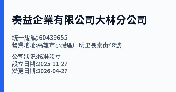 奏益企業有限公司大林分公司的照片-統編 60439655(高雄市) 公司登記資料與營業項目詳細圖表