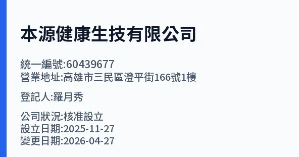 本源健康生技有限公司的照片-統編 60439677(高雄市) 公司登記資料與營業項目詳細圖表