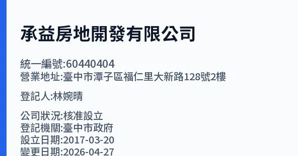 承益房地開發有限公司的照片-統編 60440404(臺中市) 公司登記資料與營業項目詳細圖表