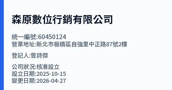 森原數位行銷有限公司的照片-統編 60450124(新北市) 公司登記資料與營業項目詳細圖表
