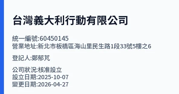 台灣義大利行動有限公司的照片-統編 60450145(新北市) 公司登記資料與營業項目詳細圖表