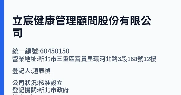 立宸健康管理顧問股份有限公司的照片-統編 60450150(新北市) 公司登記資料與營業項目詳細圖表