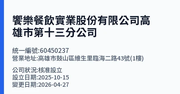 饗樂餐飲實業股份有限公司高雄市第十三分公司的照片-統編 60450237(高雄市) 公司登記資料與營業項目詳細圖表