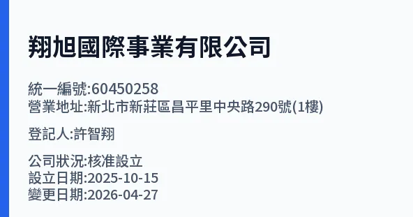 翔旭國際事業有限公司的照片-統編 60450258(新北市) 公司登記資料與營業項目詳細圖表