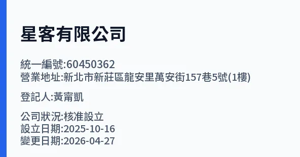 星客有限公司的照片-統編 60450362(新北市) 公司登記資料與營業項目詳細圖表