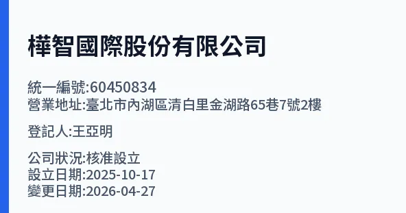 樺智國際股份有限公司的照片-統編 60450834(臺北市) 公司登記資料與營業項目詳細圖表