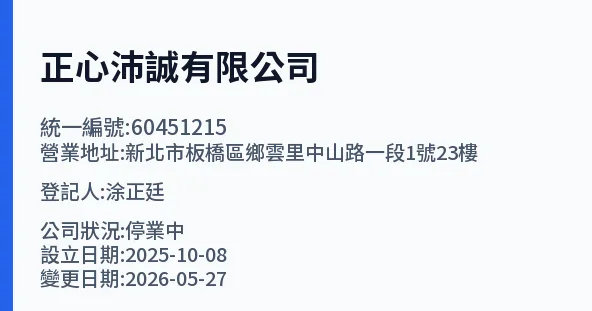 正心沛誠有限公司的照片-統編 60451215(新北市) 公司登記資料與營業項目詳細圖表