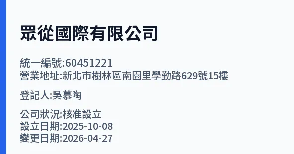 眾從國際有限公司的照片-統編 60451221(新北市) 公司登記資料與營業項目詳細圖表